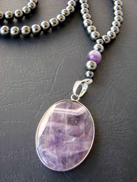 Hematite and Amethyst Pendant, Necklace - Gemstone Necklaces - Rosaries